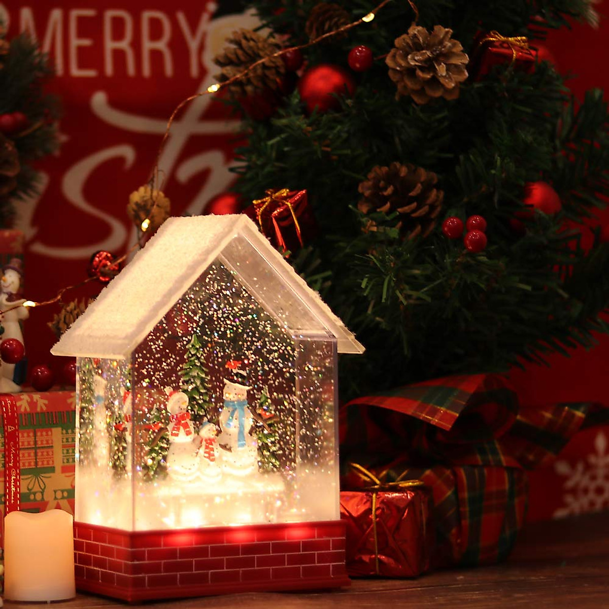 Eldnacele Musical Snow Globe House with Timer, Lighted USB/Battery Operated Swirling Singing Water Glittering Lantern, Christmas Snow Globes House Holiday Festival Decoration- Snowman