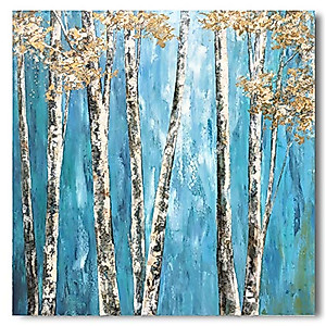 Yihui Arts Tree Canvas Wall Art for Home Decor 3D Hand Painted Blue Forest Pictures for Living Room Bedroom Stretched and Framed Ready to Hang(20Wx20L)