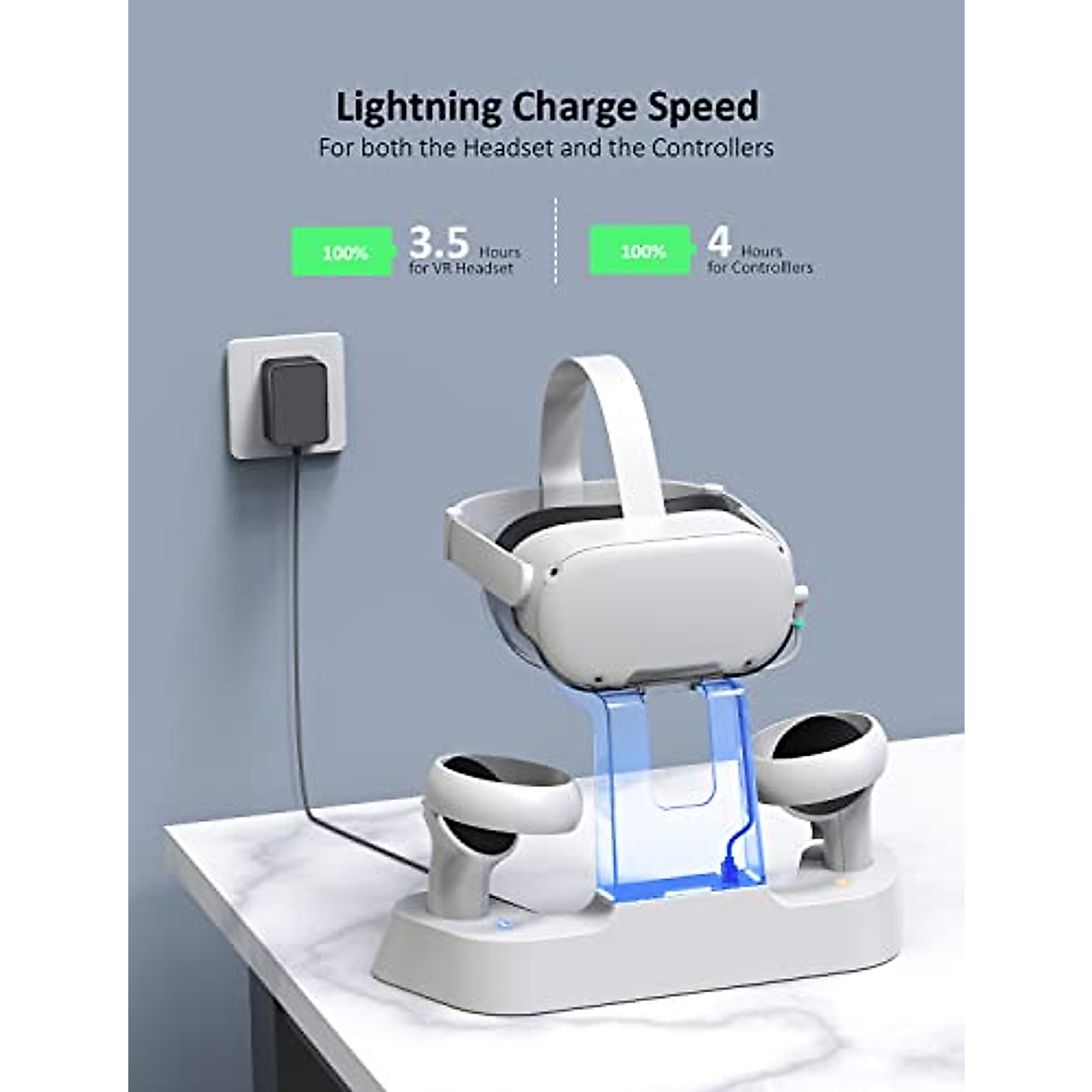 NexiGo Enhanced Charging Dock with LED Light for Oculus Quest 2, [Support Elite Strap with Battery], Headset Display Stand and Controller Mount, 2 Rechargeable Batteries, White
