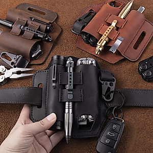 Gentlestache Belt Sheath, Practical EDC Leather Belt Organizer with Multitool Pouch, Flashlight/Pen Holder and Keychain Clip for Men Black