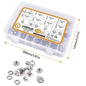 M6 x 12/16/20/25/30mm Flanged Hex Bolts and M8 x 16/20/25/30mm Flange Hexagon Screws, VIGURE 228PCS Stainless Steel 18-8 (304) M6-1.0 M8-1.25 Bolts Nuts Flat Lock Washers