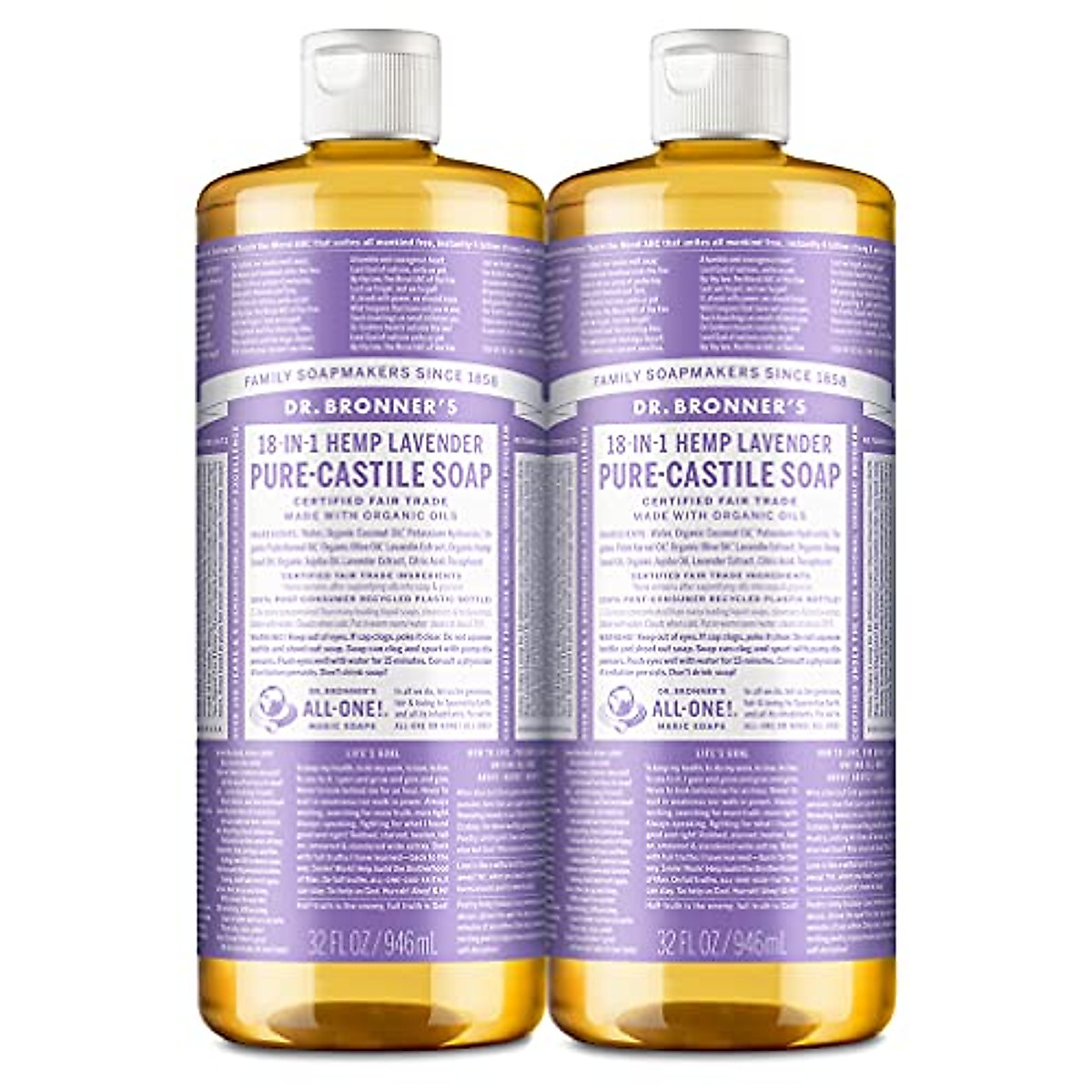 Dr. Bronner’s - Pure-Castile Liquid Soap (Lavender, 32 ounce, 2-Pack) - Made with Organic Oils, 18-in-1 Uses: Face, Body, Hair, Laundry, Pets and Dishes, Concentrated, Vegan, Non-GMO