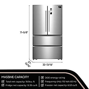 Forno Bovino 33" Inch W. Refrigerator 19 cu. Ft. Frost Free Design Stainless Steel Touch Control French Doors.