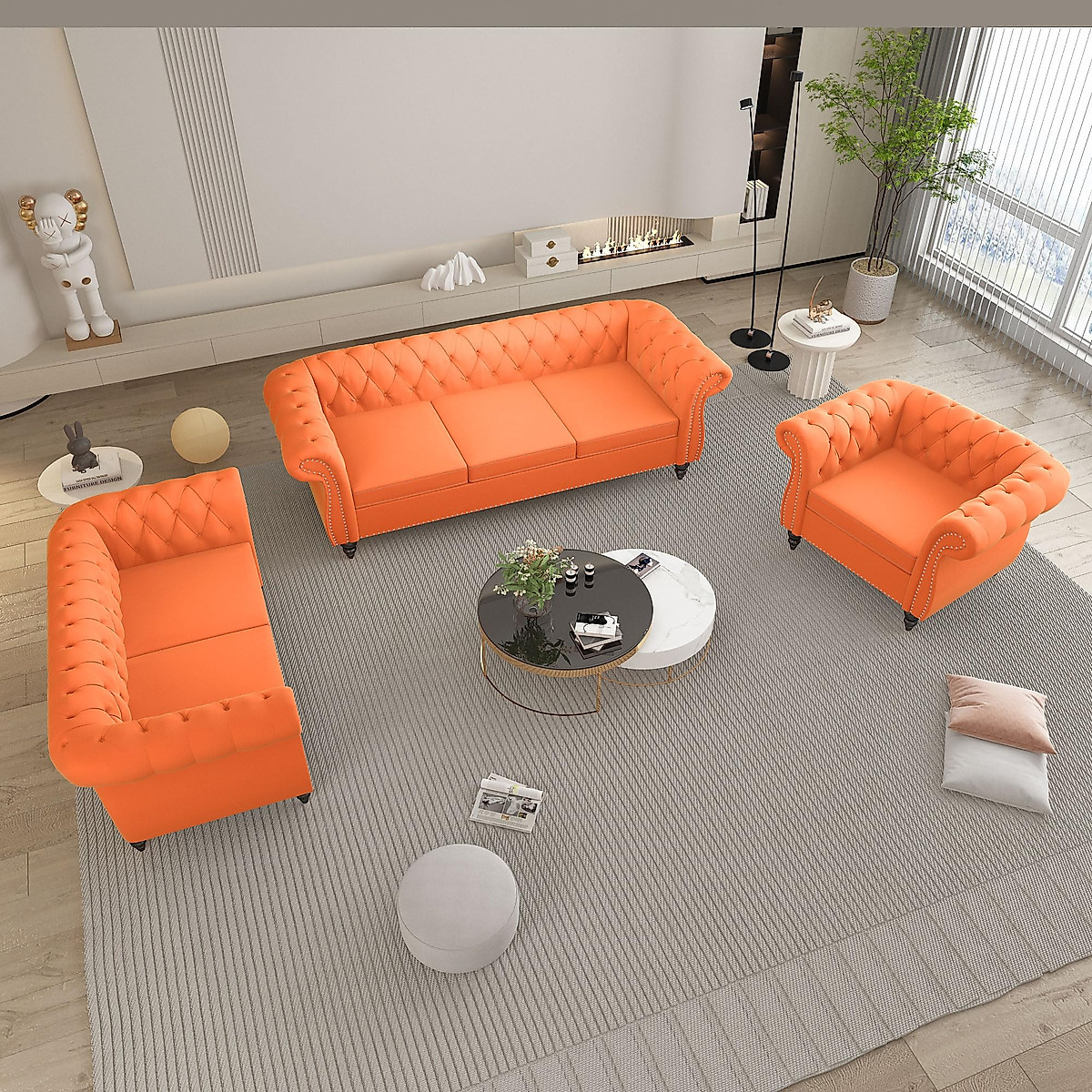 affeivul Tufted Velvet Sofas para Sala, Comfy Big Wide Deep Living Room Couch with Armrest, Mid Century Modern Sofa Couch for Bedroom,Office (Orange Velvet Couch, 3 Seater)