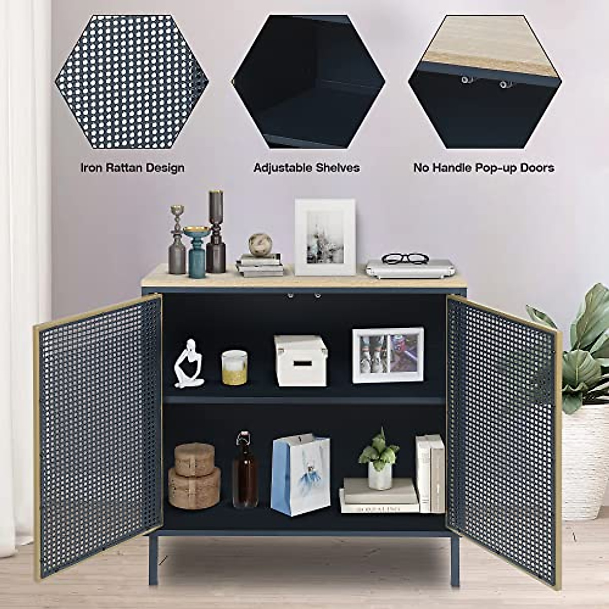 ORRD Accent Cabinet, Sideboard Buffet Cabinet Kitchen Storage Cabinet Console Televison Table with 2 Iron Rattan No Handle Pop-up Doors and Adjustable Shelves for Living Room, Dining Room (Blue)