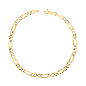 Nuragold 10k Yellow Gold Solid 5mm Figaro Chain Link Diamond Cut Pave Two Tone Bracelet, Mens Womens Jewelry 7" 7.5" 8" 8.5" 9"