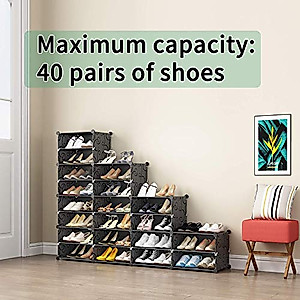 KOUSI 40-Pairs Shoe Rack for Entryway Shoe Storage Space Saver Plastic Shoe Organizer Narrow Standing Expandable for Heels, Boots, Slippers,Black