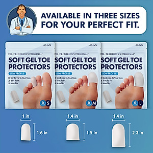Dr. Frederick's Original Soft Gel Toe Protectors for Men & Women - 6 Pieces - Toe Caps for Foot Pain Relief - Flexible Cushions - Toe Sleeves for Ingrown Toenails, Corns, Calluses, Blisters - Medium