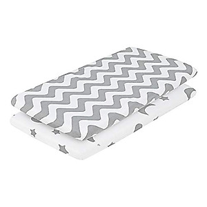 2 Pack Cradle Sheet Set, 100% Cotton Jersey Knit, Breathable Baby Sheet, Fits Cradle Pad/Mattress - Ultra Soft - Gray/White Chevron & Moon Stars Patterns