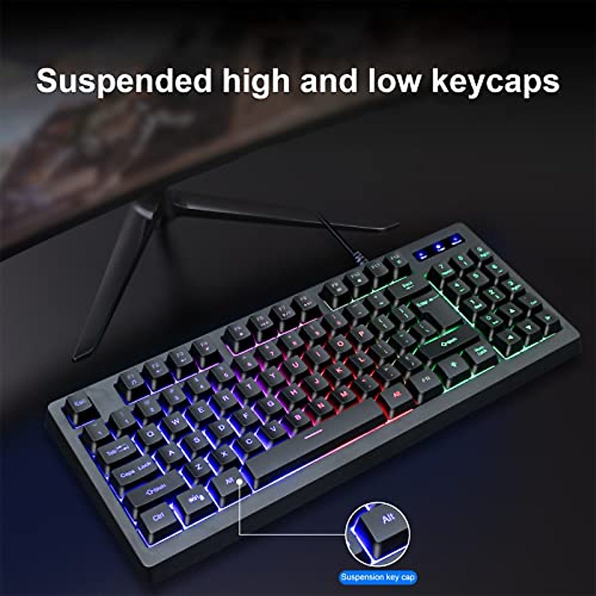 Dpofirs 89 Keys Gaming Keyboard, Waterproof Wired USB RGB Keyboard with High and Low Keycaps and Cool Lighting Effects Wired Keyboard for Windows Gaming PC