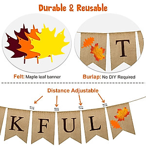 Thankful Burlap Banner, Happy Fall Banner Autumn Maple Leaves Thanksgiving Banner for Mantle Fireplace Rustic Bunting Harvest Garland for Thanksgiving Party Supplies Home Decoration (2 Pcs)