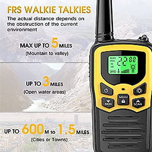 Walkie Talkies with 22 FRS Channels, MOICO Walkie Talkies for Adults with LED Flashlight VOX Scan LCD Display, Long Range Family Walkie Talkie for Hiking Camping Trip (Yellow, 4 Pack)