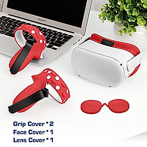 FINPAC Protective Cover Sleeve for Quest 2 Gaming VR Headset, Silicone Sweatproof Face Cover + Lens Cap + Touch Controller Grip Cover Bundle for Virtual Reality Accessories (Red)