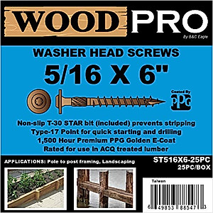 WoodPro Fasteners ST516X6-25PC 5/16-Inch by 6-Inch Length Round Washer Head Exterior Wood Screws, 25-Pack , Gold
