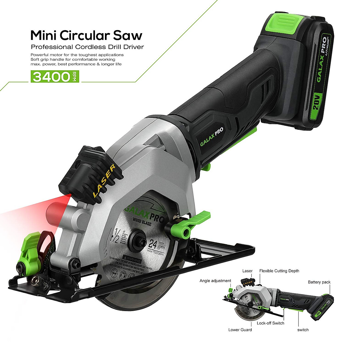 GALAX PRO 20V 4-1/2" Cordless Circular Saw with 2.0Ah battery, Laser Guide, Rip Guide, 2 Pcs Blades(24T+ 60T), 3400RPM, Max Cutting Depth 1-11/16"(90°), 1-1/8"(45°)