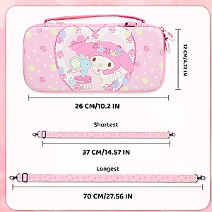RHOTALL Cute Bunny Carrying Case for Nintendo Switch, Pink Potable Travel Case Accessories Bundle for Switch with Protective Shell, Shoulder Strap, Game Card Case, Screen Protector and 2 Thumb Caps