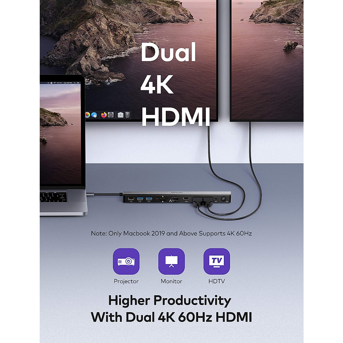 VAVA USB C Docking Station 12-in-1 USB-C Dock (Thunderbolt 3) with Dual HDMI 4K 60Hz, RJ45 Ethernet, 4 USB Ports, SD/TF Card Reader, 85W PD Charging, Audio for MacBook/Pro/Air, Type C Windows Laptop