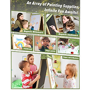 Joyooss Art Easel for Kids, Double-Sided Magnetic Easel for Children with Whiteboard & Chalkboard, Deluxe Standing Easel for Toddler with Paper Roll & Painting Accessories Painting Station for Kids