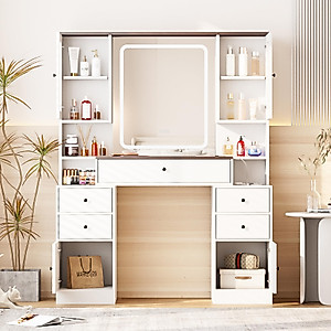 Vanity Desk with Mirror and Lights,White Makeup Vanity Table with Power Strip & LED Lighted Mirror,43in Large Makeup Desk with 5 Drawers,4 Cabinets and Lots Storage,3 Lighting Modes,White+Brown