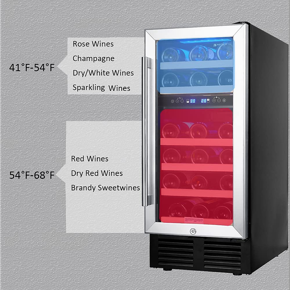 15 Inch Wine Cooler Refrigerators, 28 Bottle Fast Cooling Low Noise and No Fog Wine Fridge with Professional Compressor Stainless Steel, Digital Temperature Control Screen Built-in or Freestanding