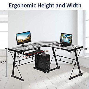 Reversible L-shaped Computer Corner Desk, Modern Toughened Glass L Shaped Round Corner Desk with Keyboard Tray & CPU Stand, PC Laptop Writing Gamer Workstation for Home Office Small Spaces (Clear)