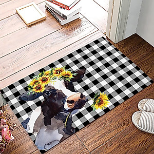 Door Mat for Bedroom Decor, Cow Farm Animal Yellow Sunflower Cow Buffalo Check Black White Floor Mats, Absorbent Rugs for Living Room, Non-Slip Bathroom Rugs Home Decor Kitchen Mat Area Rug 18x30 Inch