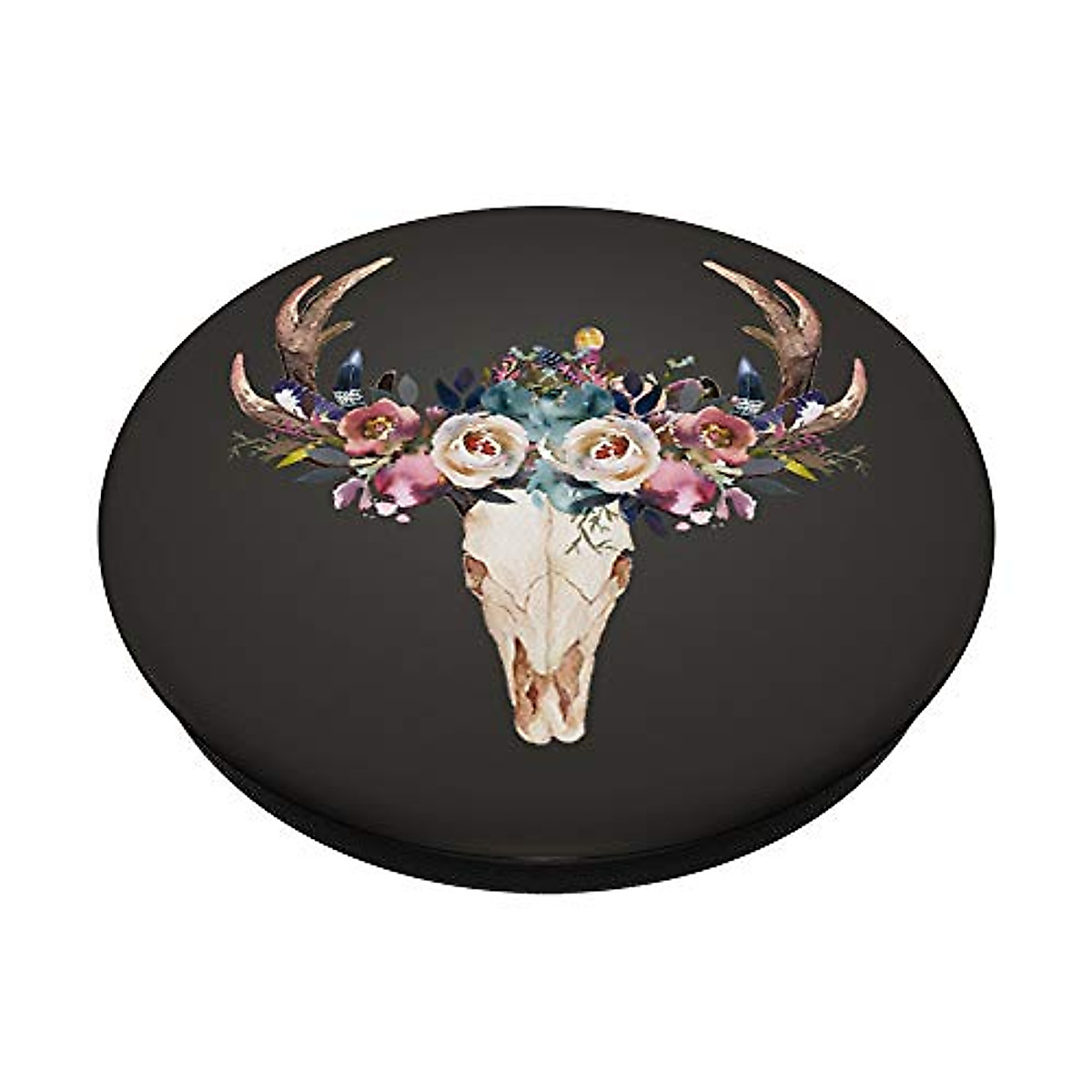Artsy Watercolor Flower Wreath Bouquet Deer Skull on Black PopSockets PopGrip: Swappable Grip for Phones & Tablets
