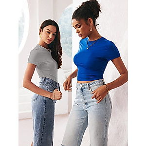 TECREW Women Cute Short Sleeve Round Neck Stretchy Athletic Gym T Shirts Crop Tops Tees, Grey, Medium