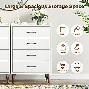 Rolanstar Drawer Dresser- Quick Install, 4 Drawers Storage Dresser with Foldable Drawer Dividers, Modern Chest of Drawer, White (Tool Free Except Drawer Handle and Foot)