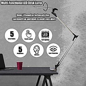 Amzrozky Workbench Light,Drafting Table Lamp for Artist,Architect LED Desk Lamp, Task Lamp with Clamp,Eye-Care Dimmable Office Light with 5 Color 5 Brightness,Touch Control,Memory Function,Silver
