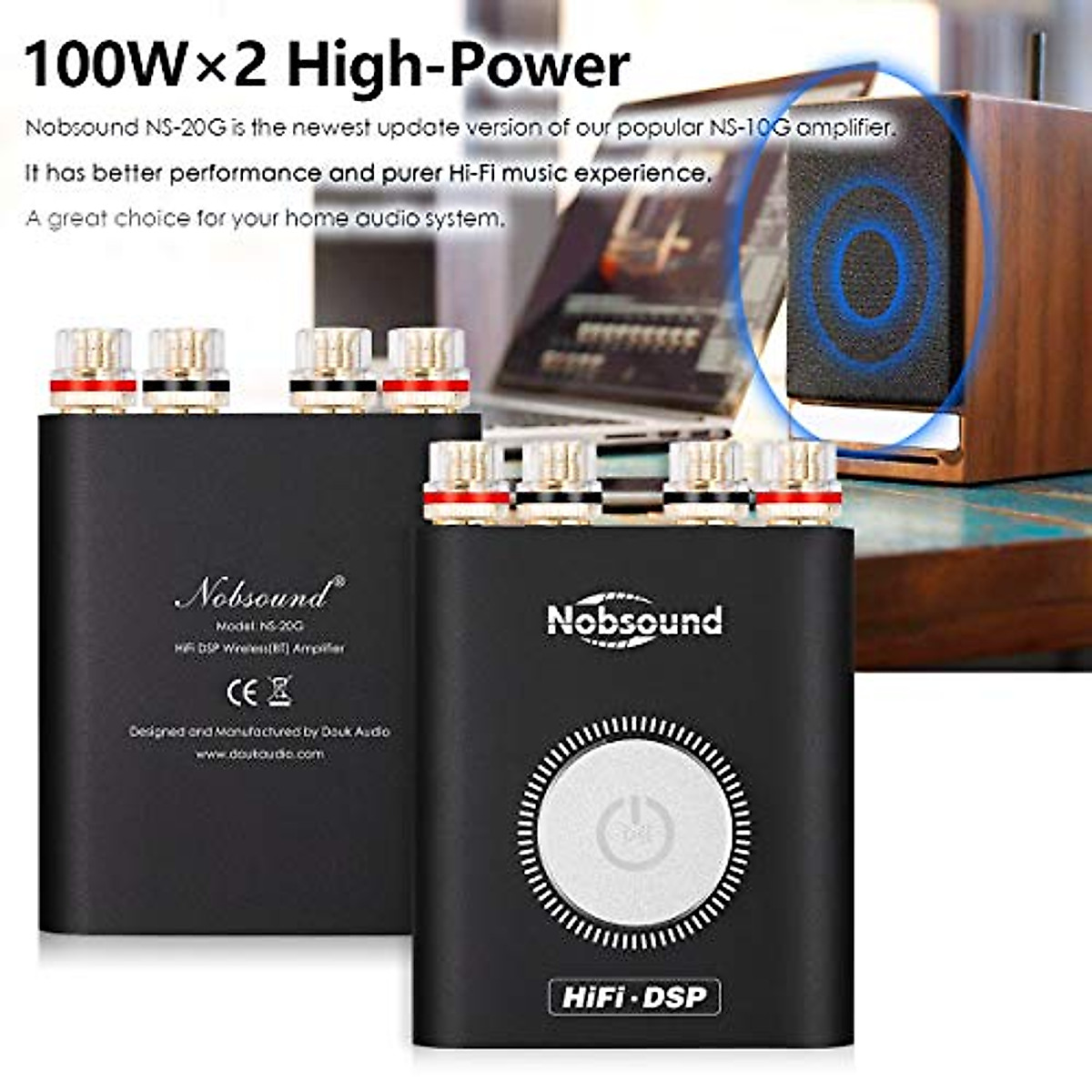 Nobsound NS-20G 200W Mini Bluetooth 5.0 Power Amplifier 2.0 Channel Wireless Receiver Hi-Fi DSP Stereo Headphone Audio Amp LED Display