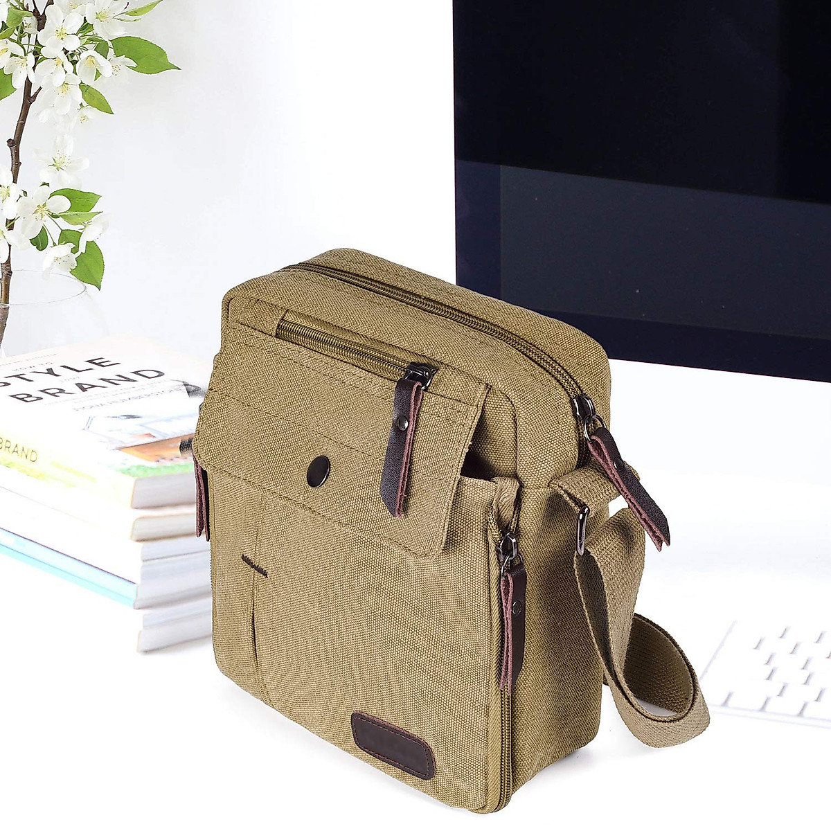 Men's Canvas Messenger Bag ,Casual Shoulder/ Chest Bag ,Travel Carry Bag,Multi-pocket Purse Handbag Crossbody Bags,Vintage Lightweight Small Satchel ,Khaki
