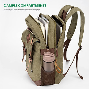 Modoker Vintage Backpack for Men Women, Canvas Bookpack Fits Most 15.6 Inches Computer and Tablets, Rucksack Backpack with USB Charging Port, Army Green