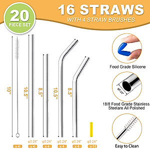 Reusable Stainless Steel Straws -16 Pack 10.5" & 8.5" Reusable Straws with 4 Straw Cleaner Brush and 16 Silicone Tips with 1 Travel Case, Eco Friendly Extra Long Metal Straws for 20 24 30 oz Tumbler