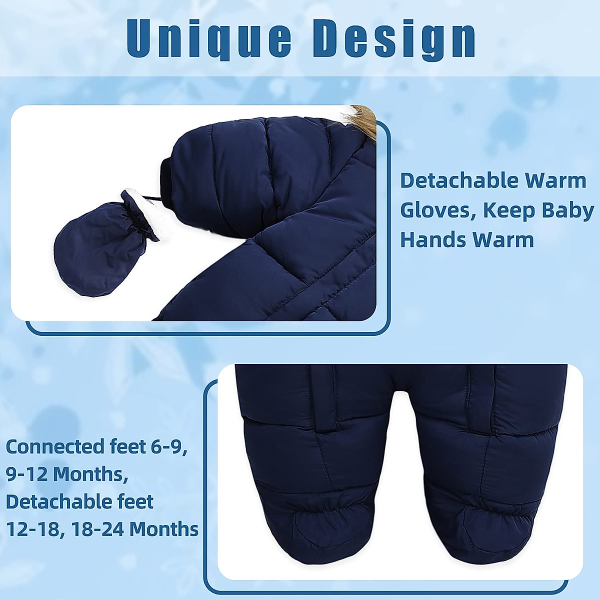Fairy Baby Infant Baby Winter Snowsuit Coat Romper Hooded Double Zipper Fur Collar Warm Jumpsuit for Boys Girls 6-9 Monthes