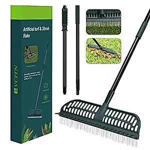 Evcitn Artificial Turf Rake, 43 to 63" Long Pole Turf rake - 18" Wide Garden Hand Broom Rake for Lawn, Synthetic Grass, Carpet, Shrub, Remove Leaves, Debris, Pet Hairs (Dark Light)
