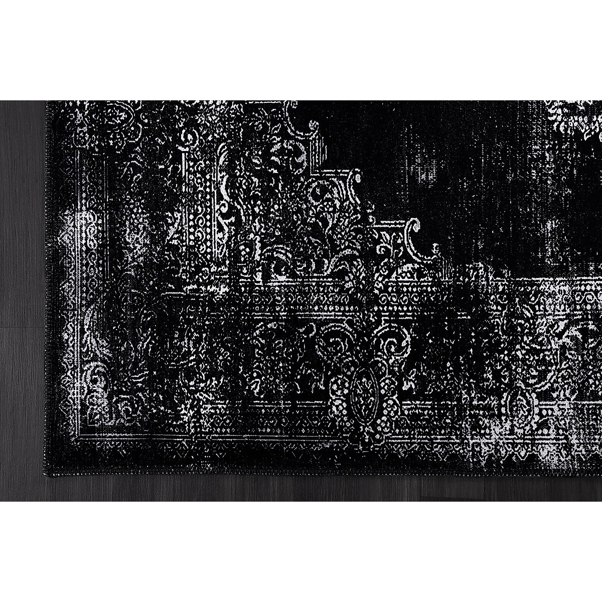 CAMILSON Machine Washable Area Rugs with Non Slip Backing for Living Room Bedroom, Distressed Vintage Washable Rug 5x7, Stain and Water Resistant, Bohemian Indoor Carpet (5 x 7, Black White)