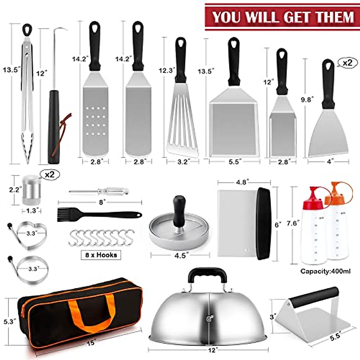 Joyfair 30Pcs Griddle Accessories Kit, Outdoor BBQ Flattop Grill Tool Set with Melting Dome for Camping Grilling Teppanyaki, Include Stainless Steel Basting Cover Burger Press Turner Spatula