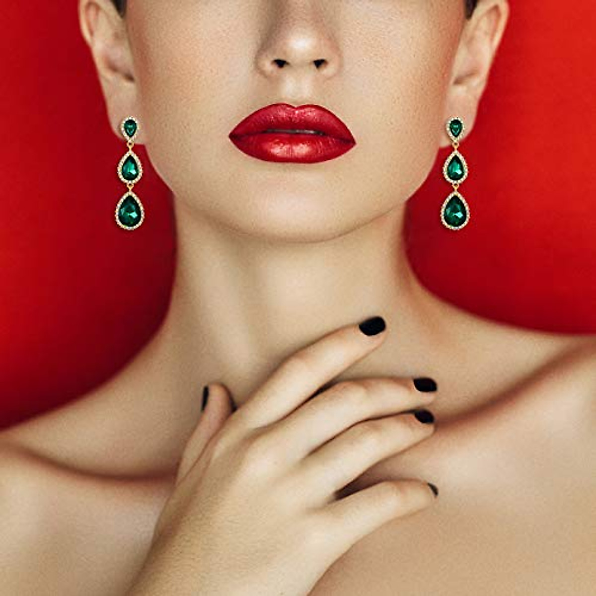 EleQueen Women's Gold-tone Austrian Crystal Teardrop Pear Shape 2.5 Inch Long Dangle Earrings Emerald Color