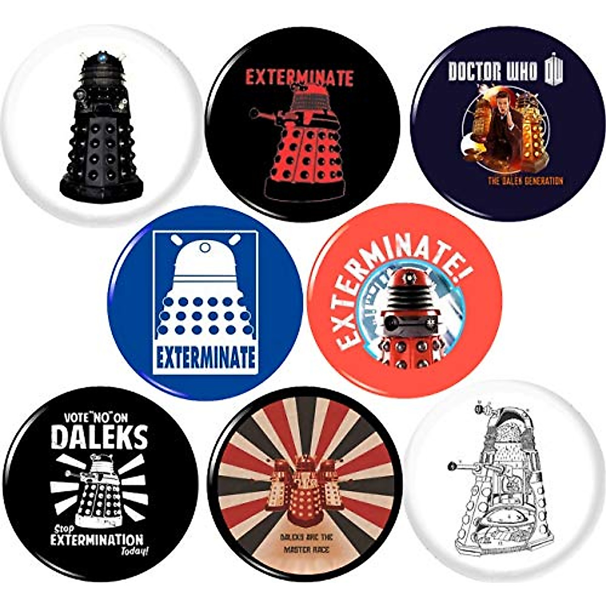 Dalek x 8 New 1" inch (25mm) pins Buttons Badges dr who Exterminate Stocking Stuffer Doctor …