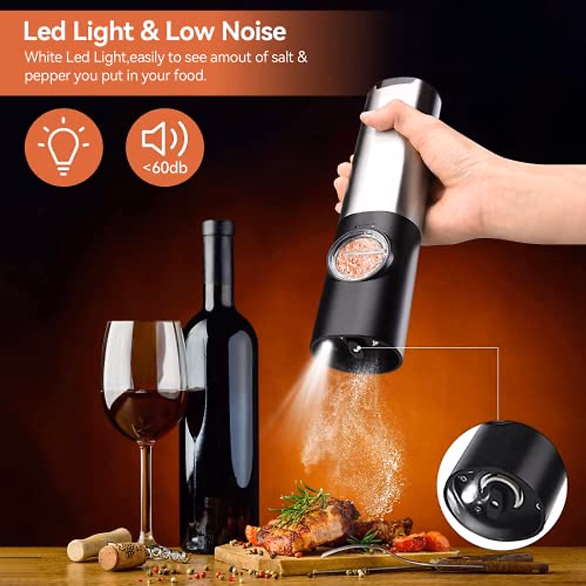 HOMCYTOP Electric Salt and Pepper Grinder Set W/USB Rechargeable Base, No Battery Needed, One Handed Operation, Automatic Powered Spice Mill Shakers Refillable, Adjustable Coarseness, LED Light