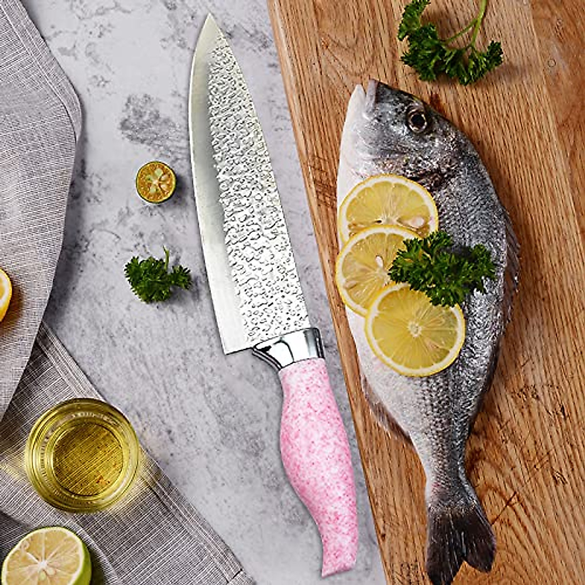 Kitchen Knives Set, Stainless Steel Knife Set with Novelty Acrylic Block, Sharp Cutlery Knife Set for Chef Cooking Cutting, Pink Color Knife