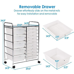 Aurcs 15-Drawer Rolling Storage Cart, Tools Scrapbook Paper Organizer w/ Removable Drawers & Universal Wheels, Multipurpose Lightweight Cart for Supermarket, School, Office, Home (Clear)