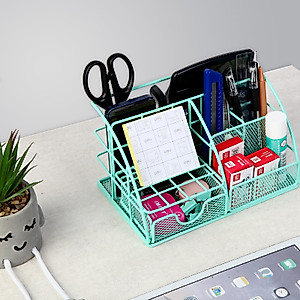 Desk Organizers and Accessories Office Supplies Organizer with Pen Holder, 72 Clips Set and Phone Stand, Metal Mesh Desktop Organizers with Drawer for Home, Office, School Ect (Rose Gold)