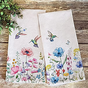 Seliem Summer Anemone Flower Hummingbird Kitchen Dish Towel Set of 2, Wild Floral Ultra Absorbent Hand Drying Baking Cooking Cloth, Spring Seasonal Decor Home Decorations 18 x 26 Inch