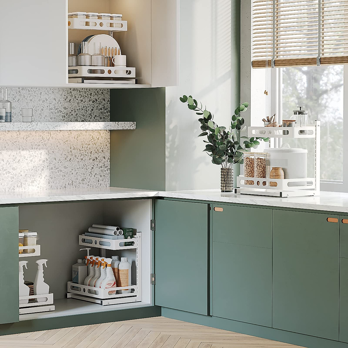 NETEL Under Sink Organizer,Pull Out Sliding Cabinet Basket Organizer 2 Tier Under Bathroom Storage Rack, Multi-Use for, Height Adjustable, With PP Frosted Pad, With strong double-sided adhesive, White