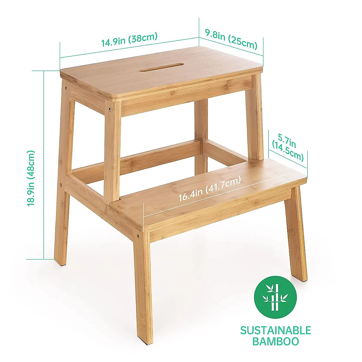 Bamboo Two Step Stool for Adults & Kids, Versatile as Kitchen Step Stool, Bedside Step Stool, Closet Step Stool, Safety & Stability, 300lbs Capacity (Updated Model)