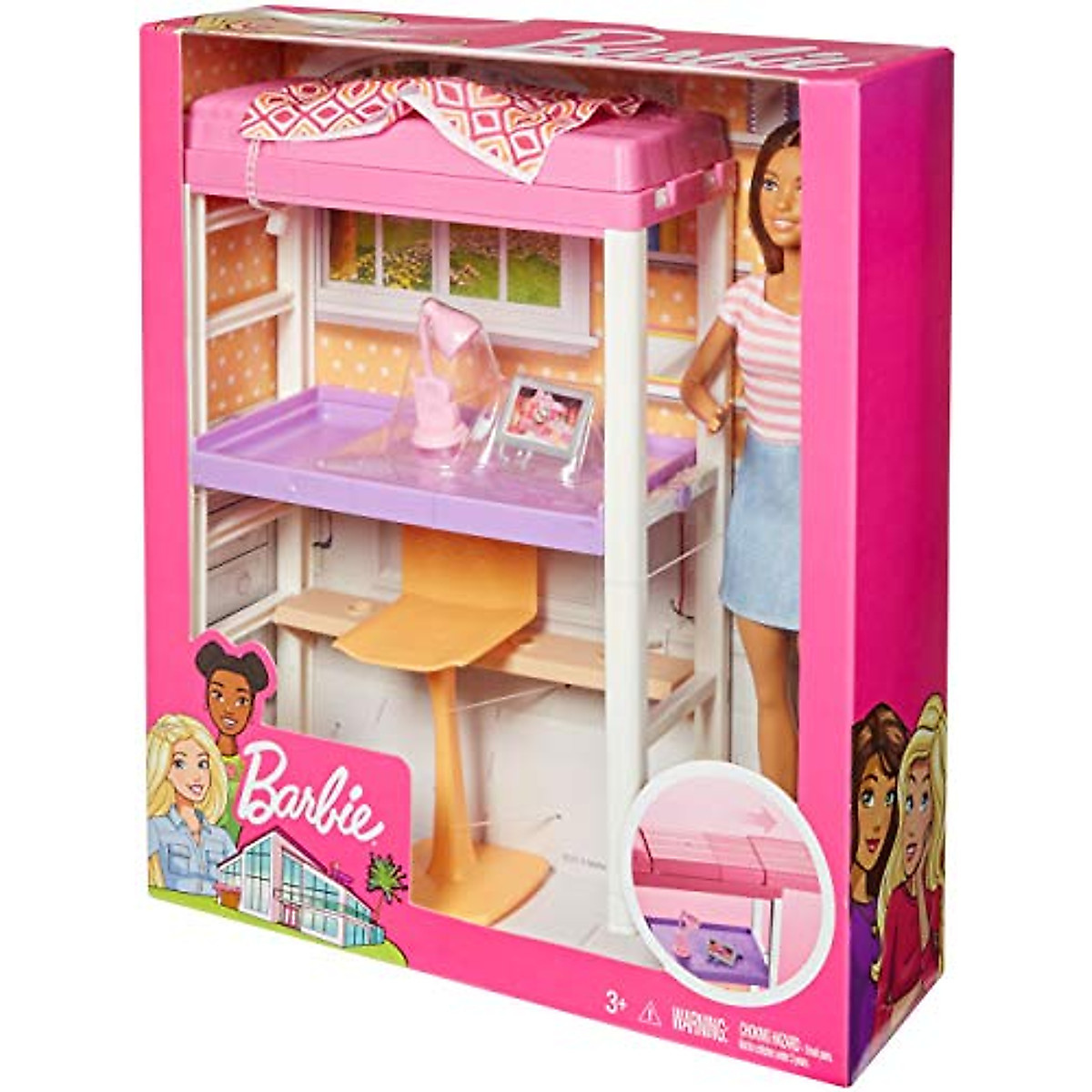Barbie Doll and Furniture Set, Loft Bed with Transforming Bunk Beds and Desk Accessories, Gift Set for 3 to 7 Year Olds​​​​