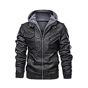 HOOD CREW Men’s Casual Stand Collar PU Faux Leather Zip-Up Motorcycle Bomber Jacket With a Removable Hood
