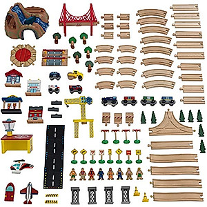 KidKraft Adventure Town Railway Wooden Train Set & Table with EZ Kraft Assembly™ with 120 Accessories and Storage Bins, Gift for Ages 3+